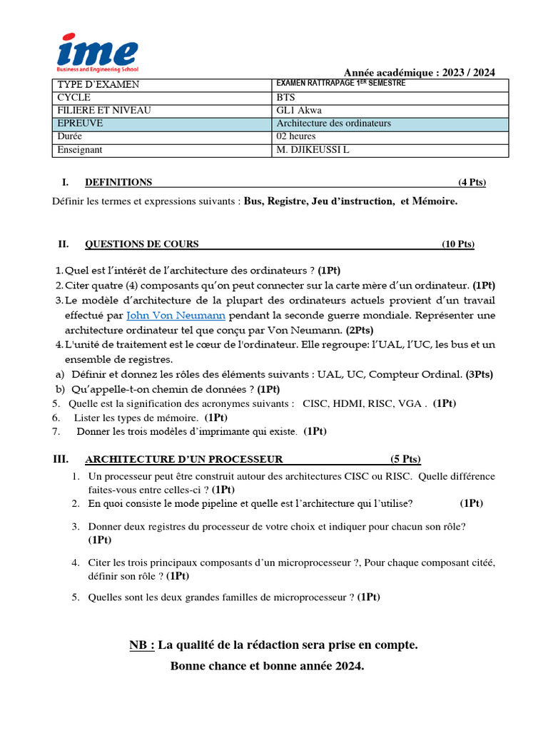 EXAMEN RATTRAPAGE Architecture Des Ordinateurs AKWA 2024 | PDF ...