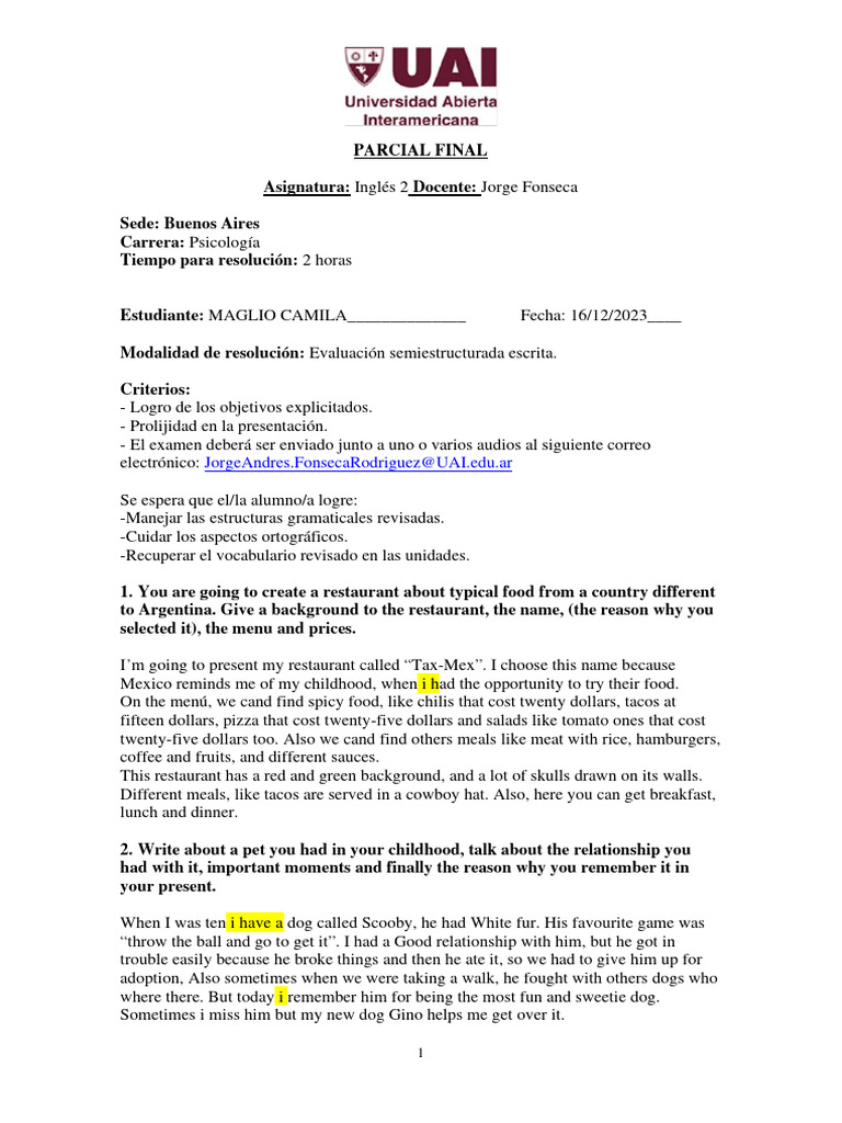 Final Exam English 2 - Maglio Camila | PDF | Cooking | Food And Drink