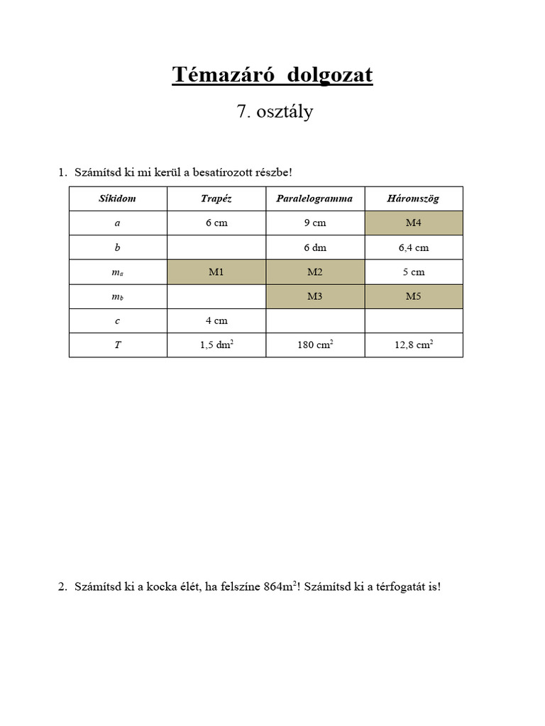 Osztály Dolgozat Síkidomok Testek | PDF
