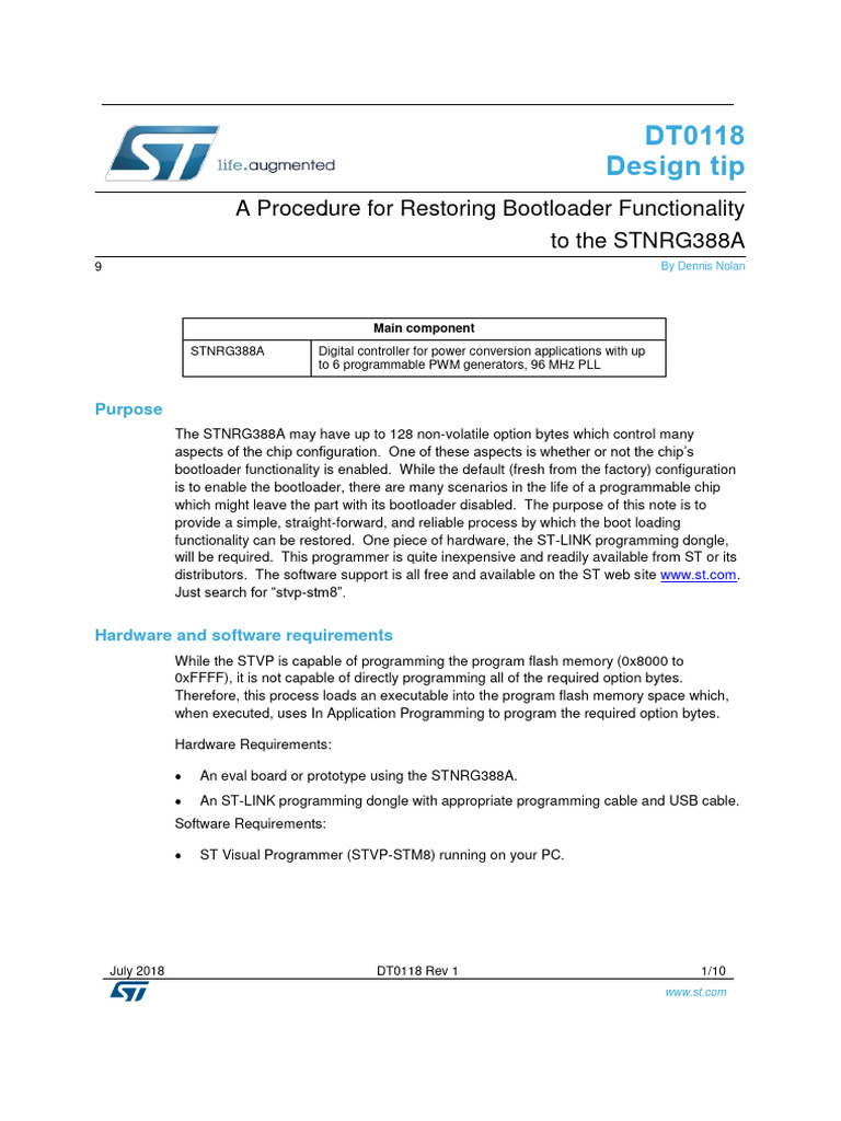 dt0118 A Procedure For Restoring Bootloader Functionality To The Stnrg388a Stmicroelectronics | PDF
