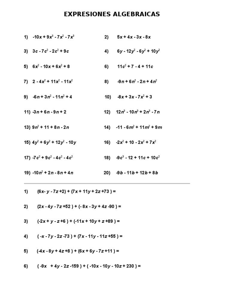 Suma y Resta Algebraic A Ejercicios | PDF | Álgebra | Conceptos matemáticos
