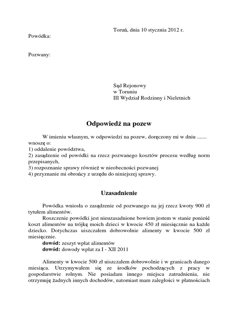 Odpowiedz Na Pozew o Alimenty | PDF