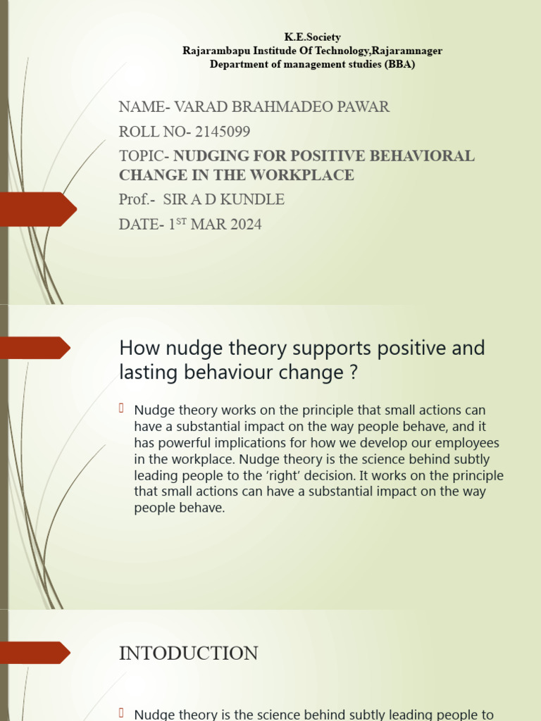 Nudge Theory for Workplace Behavior Change | PDF | Behavior | Neuroscience