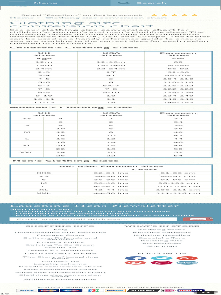 Clothing Size Conversion Chart For UK, USA and Eu | PDF | Knitting ...