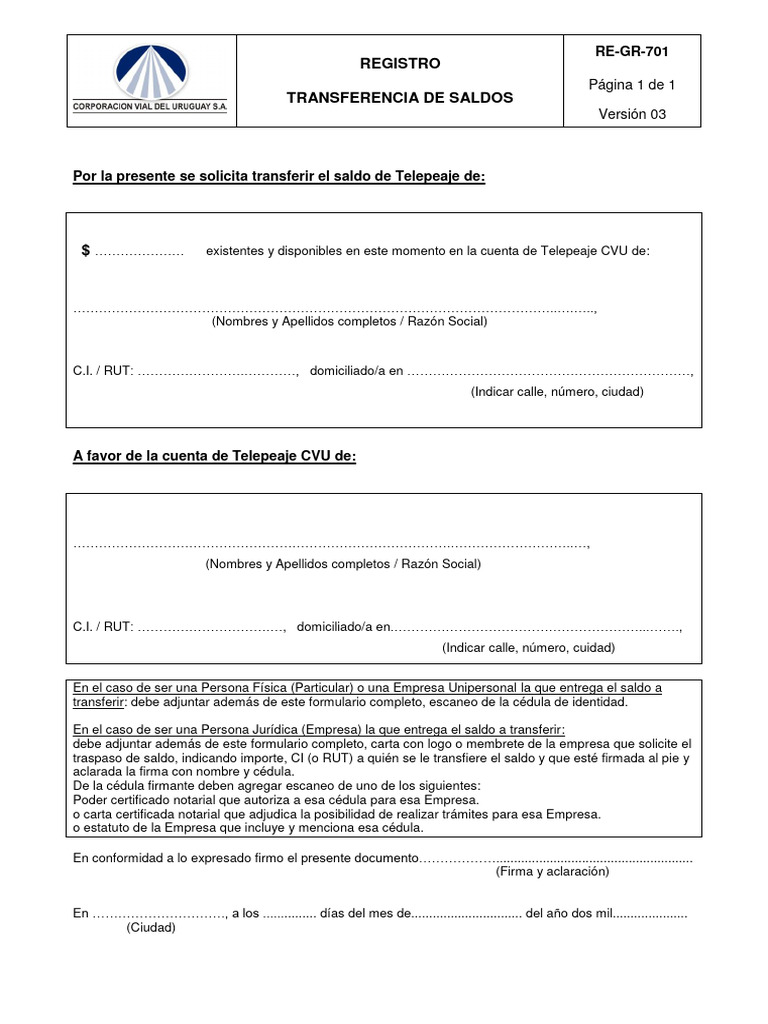 Formulario de Traspaso de Saldo | PDF