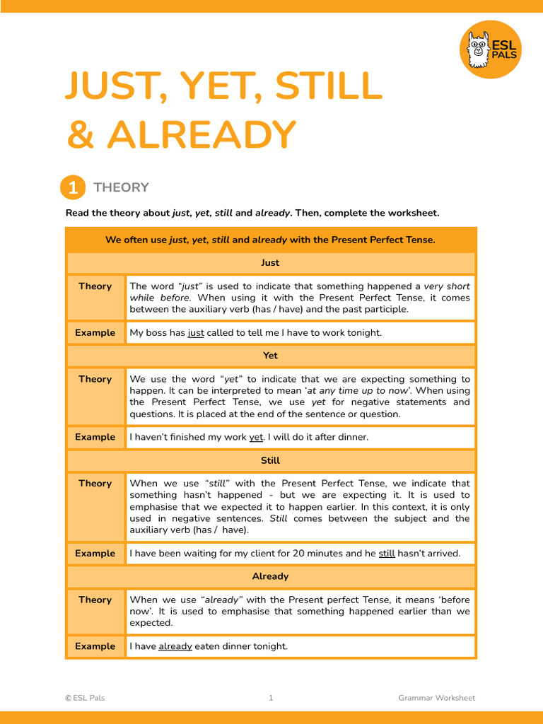 Present Perfect: Just, Yet, Still, Already | PDF | Perfect (Grammar) | Verb