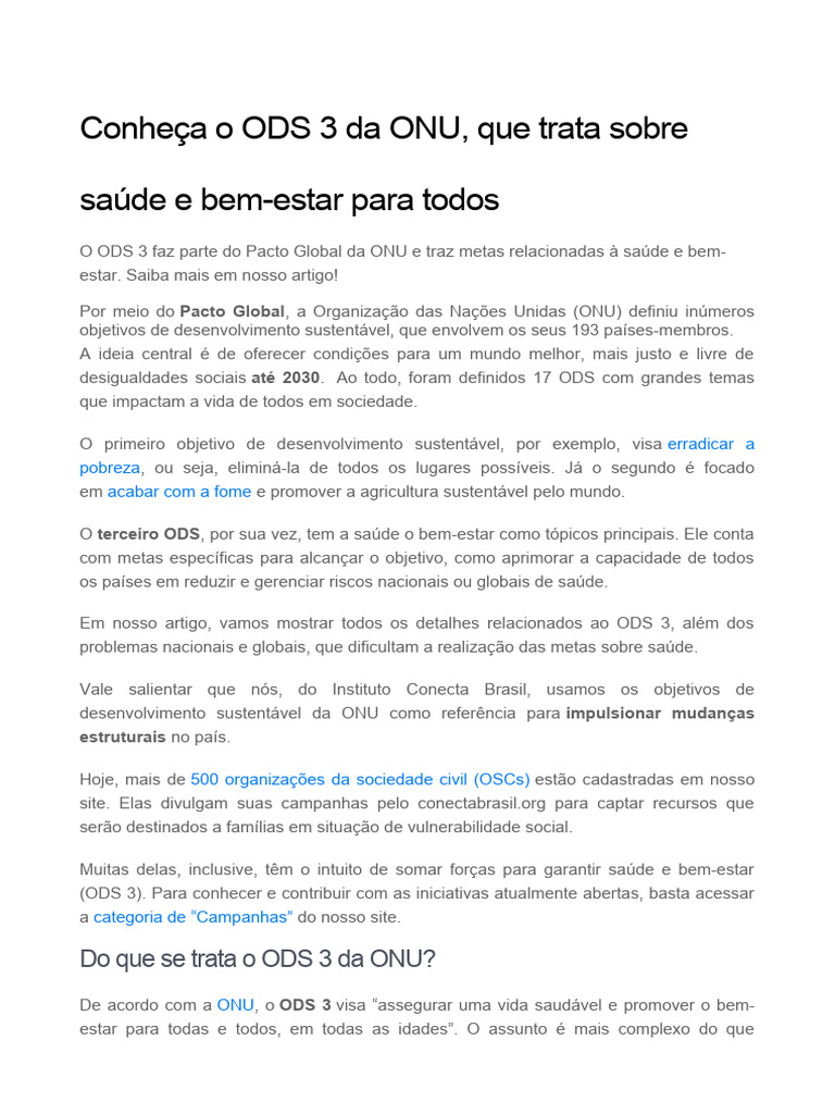 Conheça o ODS 3 da ONU | PDF | Brasil | Nações Unidas