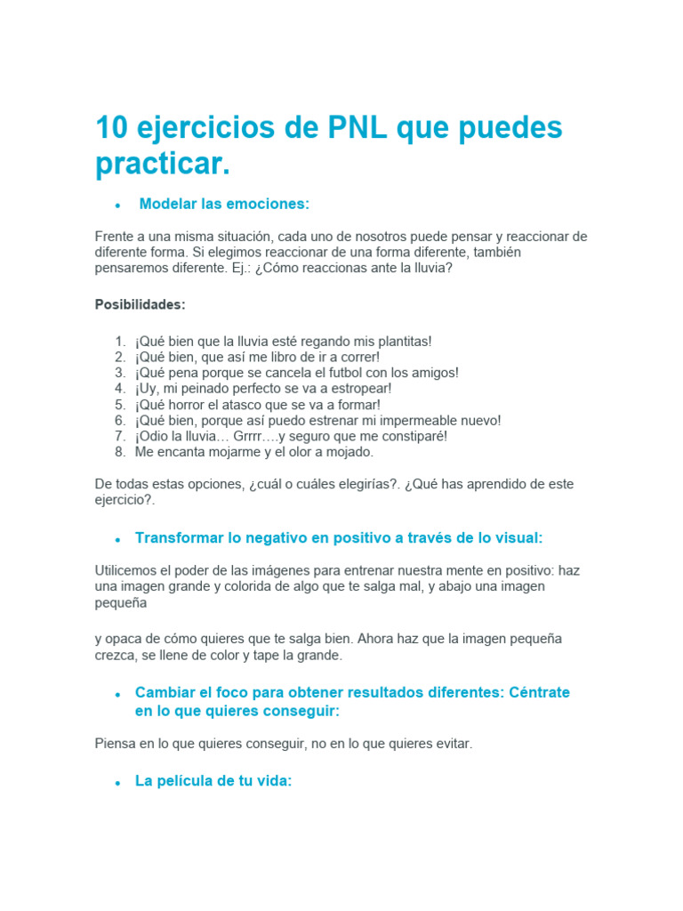 10 Ejercicios de PNL Que Puedes Practicar | PDF | Experiencia | Sicología