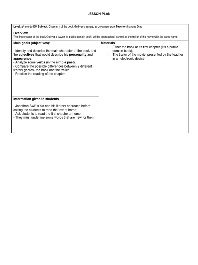 Gulliver's Travels Lesson Plan for Students | PDF | Lesson Plan | Books