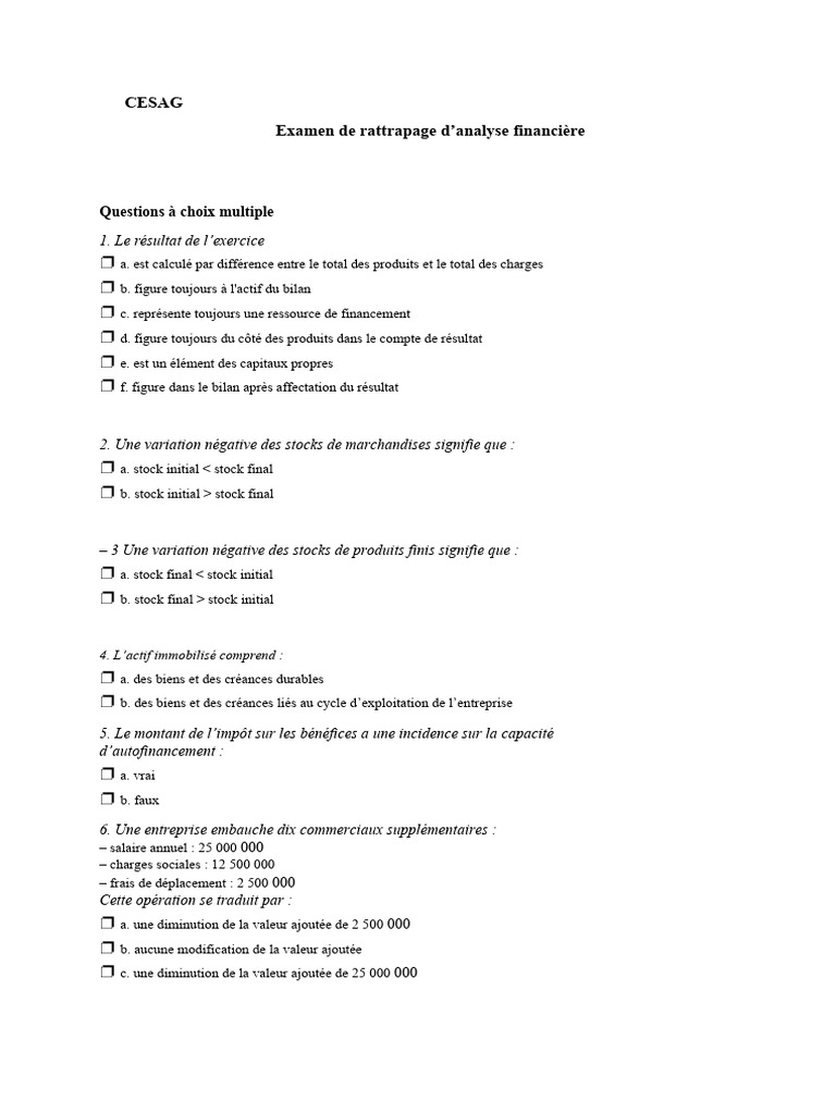 Examen Rattrapage Analyse Financiere Cesag | PDF | Capitaux propres | Revenu brut
