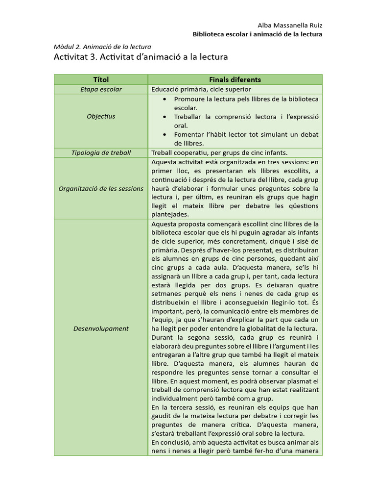 Activitat 3. Activitat D'animació A La Lectura | PDF