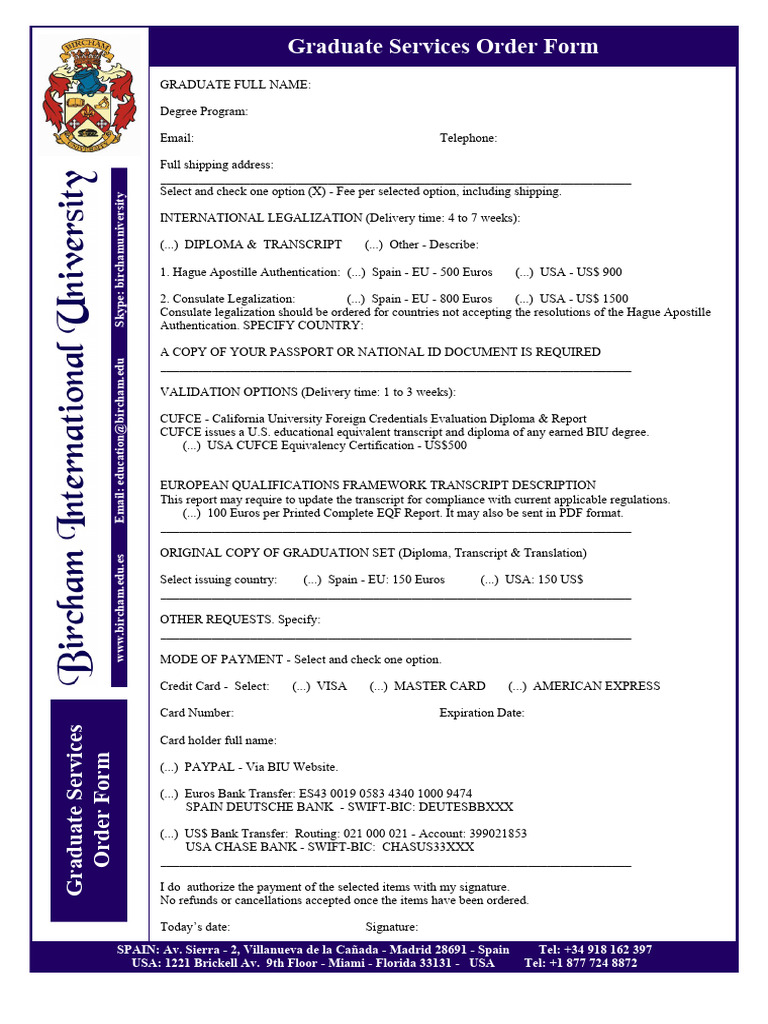 Graduate Services Order Form | PDF | Diploma | Wire Transfer