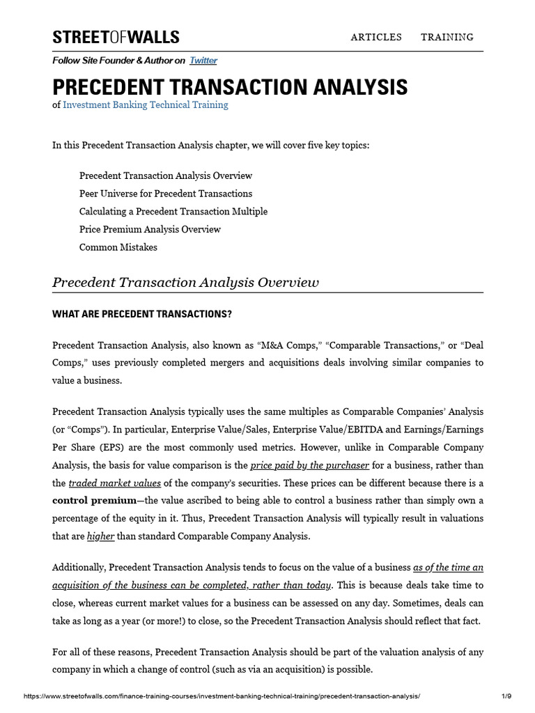 Precedent Transaction Analysis Guide | PDF | Mergers And Acquisitions ...