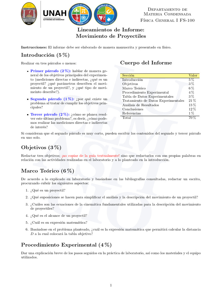 Lineamientos de Movimiento de Proyectiles FS100 Ver01 | PDF | Cinemática | Velocidad