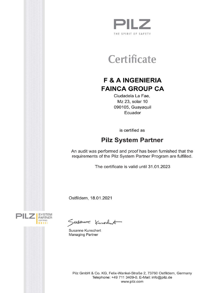 Certificate PILZ System Partner - FAINCA 2021-2023 | PDF