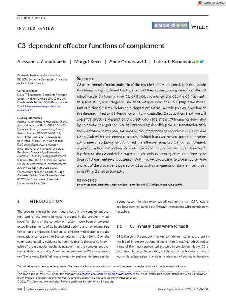 Immunological Reviews - 2022 - Zarantonello - C3‐dependent effector functions of complement ...