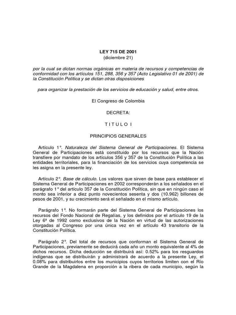 Ley No 715-2001. Sistema General de Participaciones SGP Organized | PDF