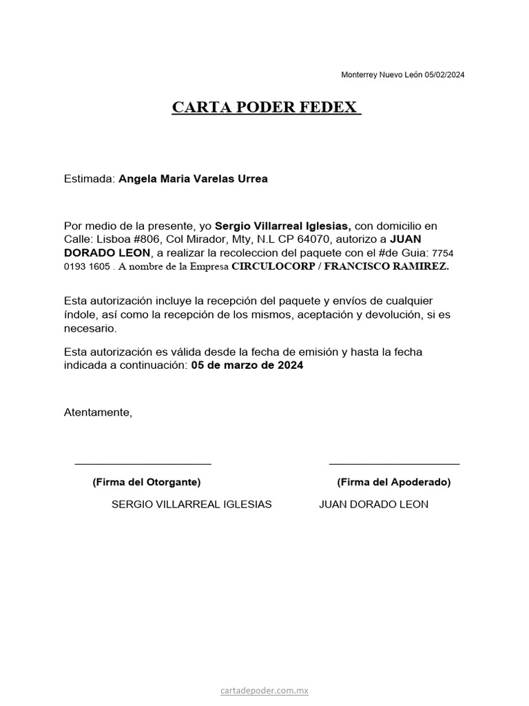 Carta Poder para Recolección FedEx | PDF | Finanzas y dinero
