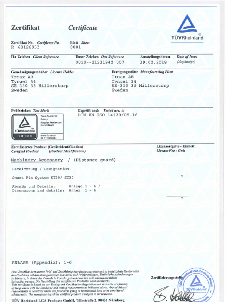 TÜV Certificate - TÜV-Mark Approval Smart Fix System ST20_ST30 | PDF