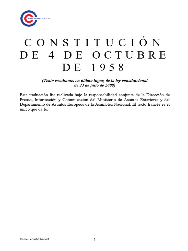 Constitución Francesa de 1958 | PDF | Legislador | Parlamento