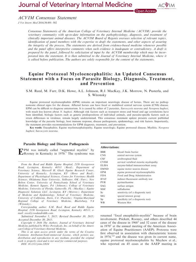 Veterinary Internal Medicne - 2016 - Reed - Equine Protozoal Myeloencephalitis An Updated ...