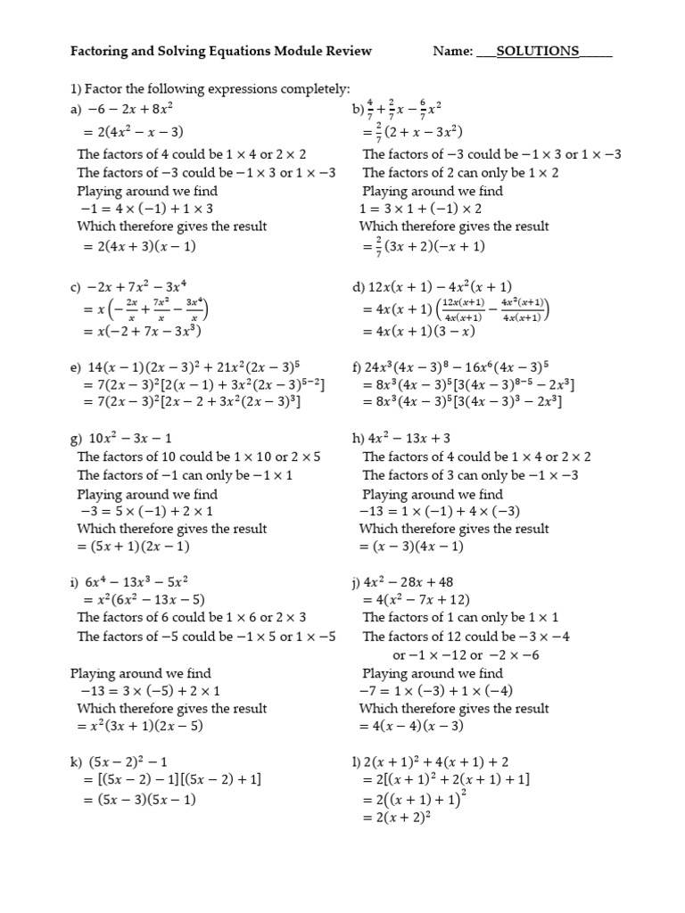 Factoring and Solving Equations Module Review Solutions | PDF ...