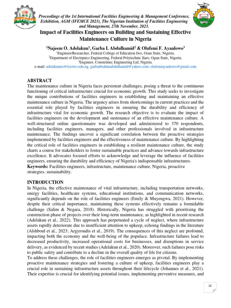 Impact of Facilities Engineers on Building and Sustaining Effective Maintenance Culture in ...