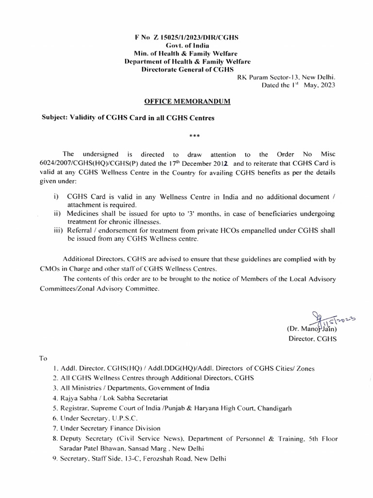 Validity of CGHS Card Across India | PDF | Government Of India | Government
