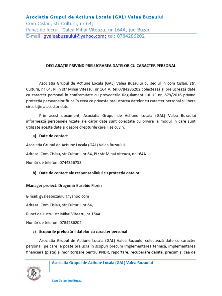 Declaratie Privind Prelucrarea Datelor Cu Caracter Personal | PDF