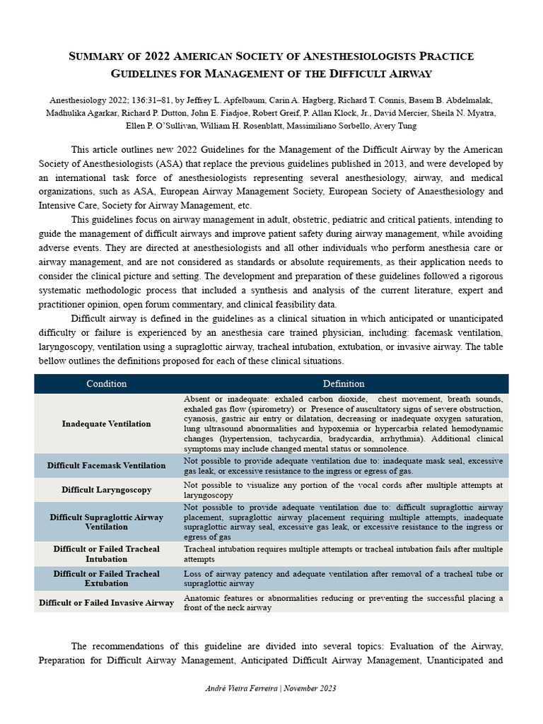Summary of 2022 ASA Guidelines For Management of The Difficult Airway ...