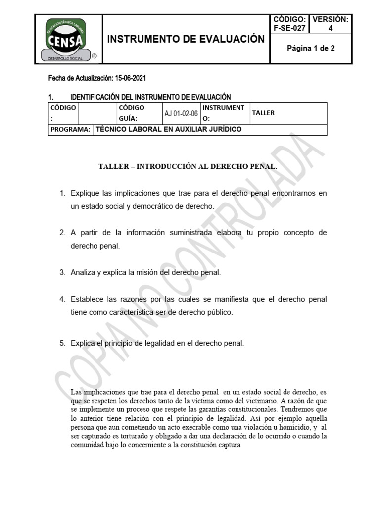 Instrumento de Evaluacion V4 1 Taller Introduccion Al Derecho Penal ... Instrumento de Evaluacion V4 1 Taller Introduccion Al Derecho Penal ...
