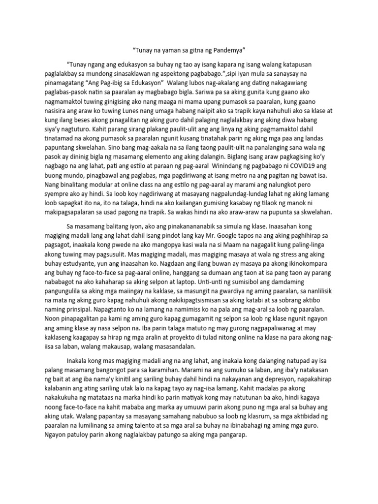 Replektibong Sanaysay Sa Gitna NG Pandemya | PDF