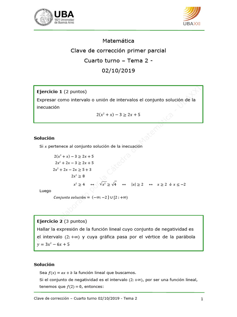 MATE 2C 2019 Clave de Correción Cuarto Turno Tema 2 02-10-2019 | PDF
