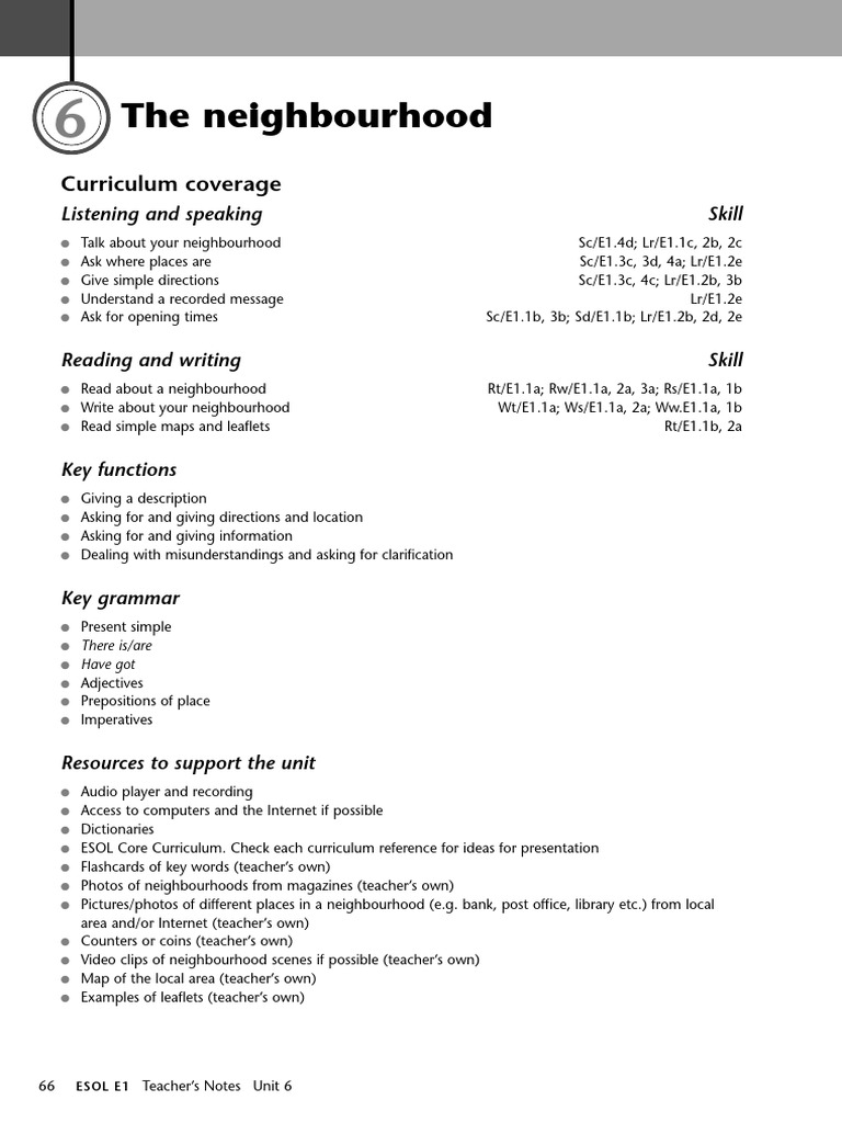 ESOL Teacher Notes - Entry 1, Unit 6 | PDF | Learning | Literacy