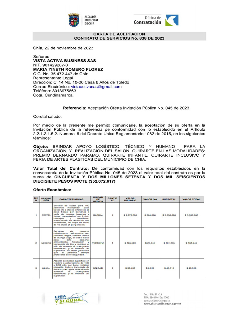 Aceptación de Oferta CT 838 MC 045-2023 | PDF