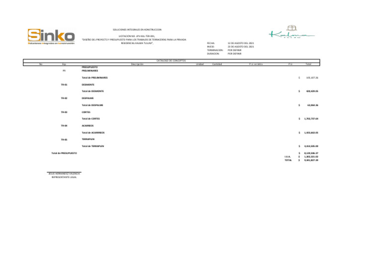 Diseño y Presupuesto Terracerías KALMA Tulum | PDF