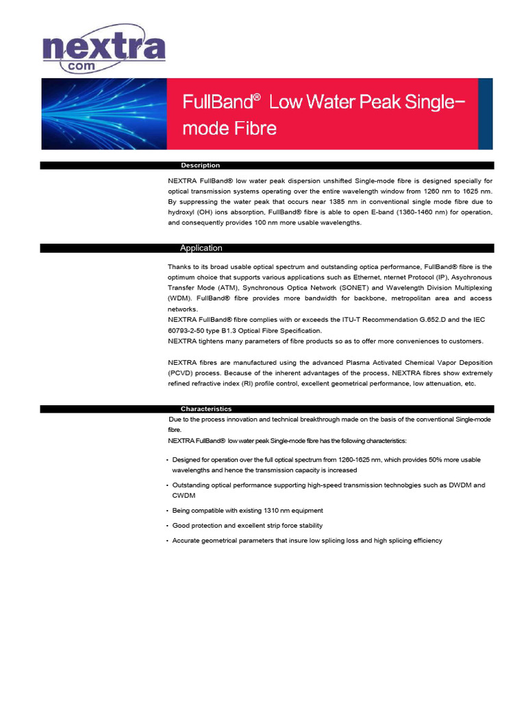 Nextra SMfiber G652 D | PDF | Optical Fiber | Wavelength Division Multiplexing