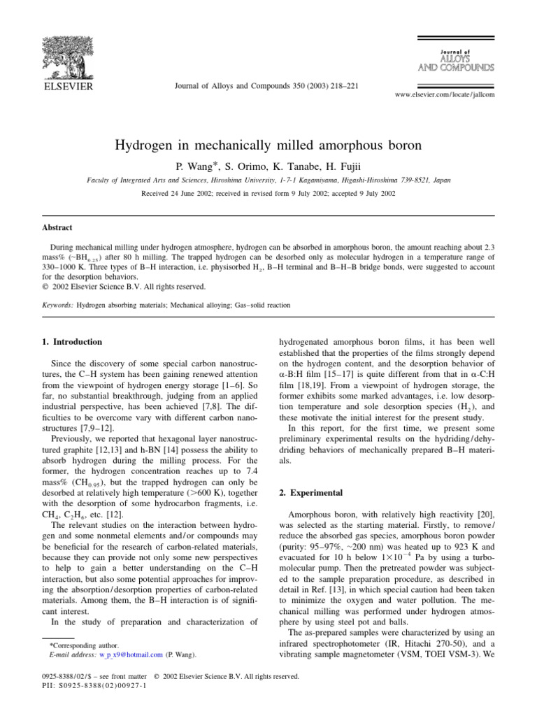 2003 Hydrogen in Mechanically Milled Amorphous Boron | PDF | Hydrogen ...