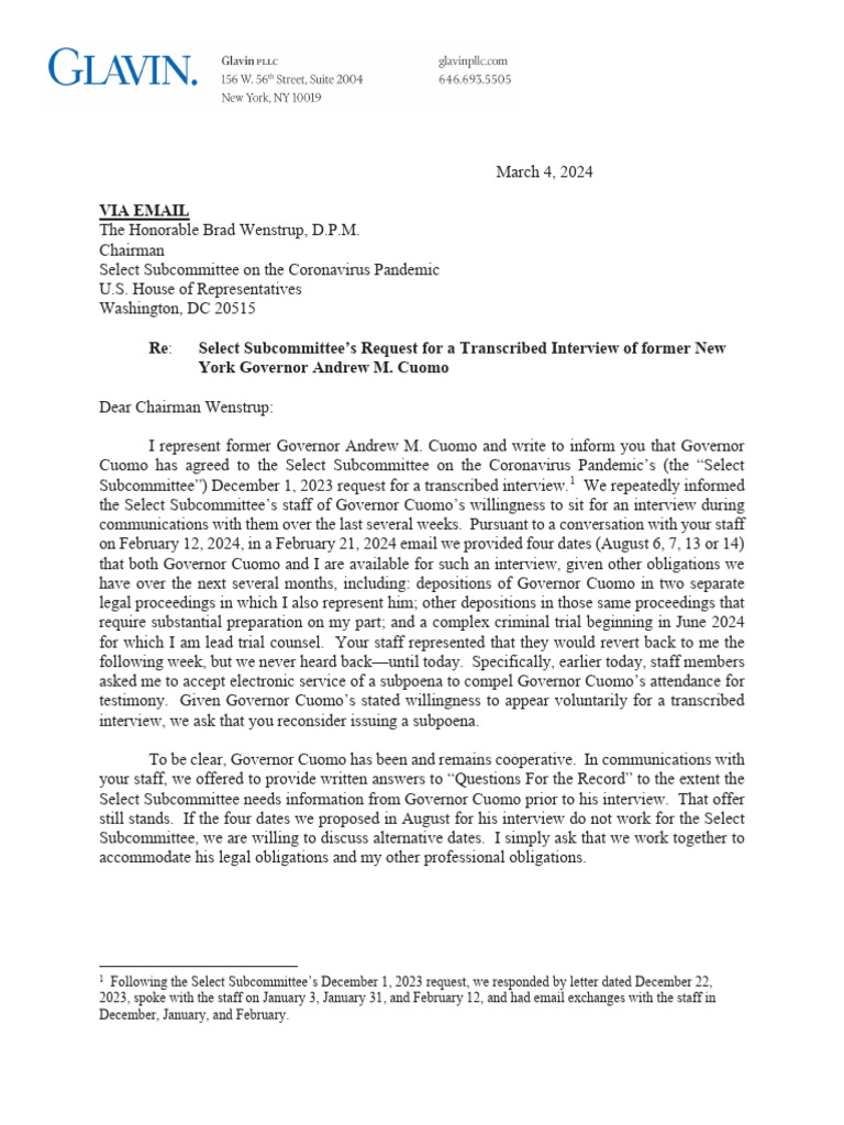 Cuomo Attorney Letter in Response To House Subpoena | PDF | Deposition ...