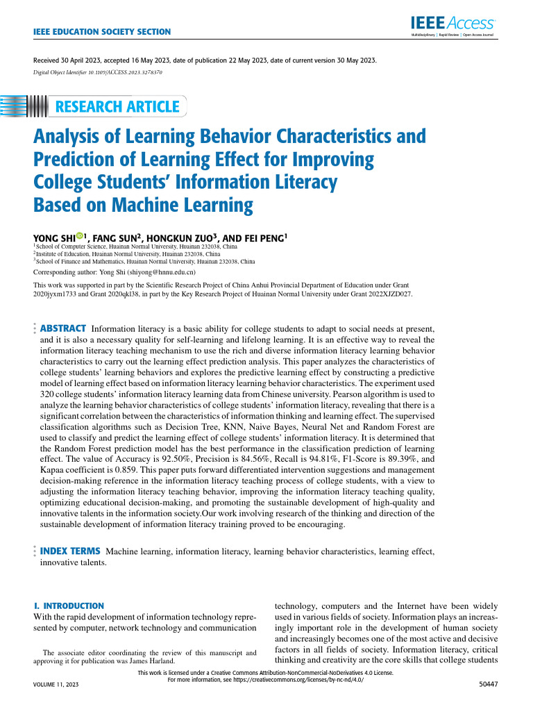 Analysis of Learning Behavior Characteristics and Prediction of ...