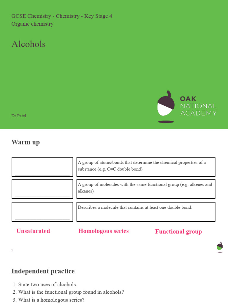 Alcohols (GCSE Chemistry) - Worksheet | PDF | Molecules | Alkene