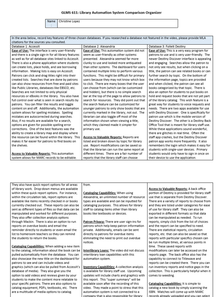 lopez graphic organizer - library automation system comparison | PDF | Libraries | Usability