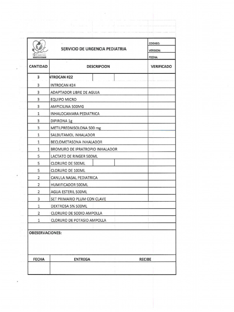 Formato Stock Blanco Urgencia Pediatria | PDF