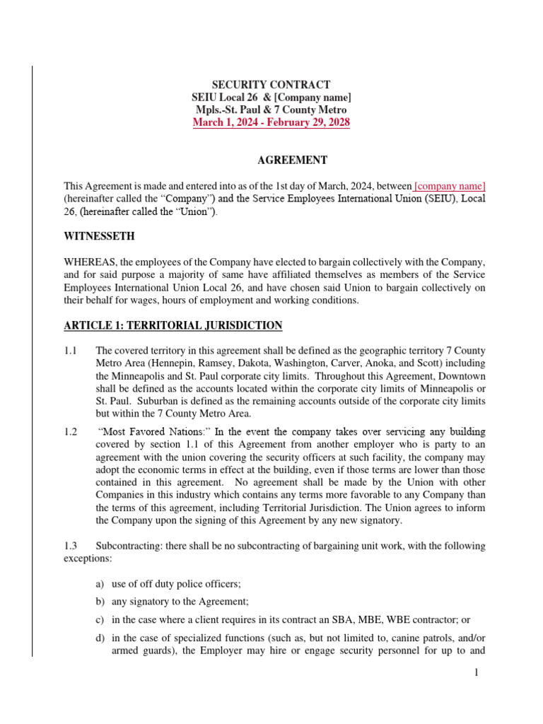 SEIU Local 26 Security Contract 2024-2028 | PDF
