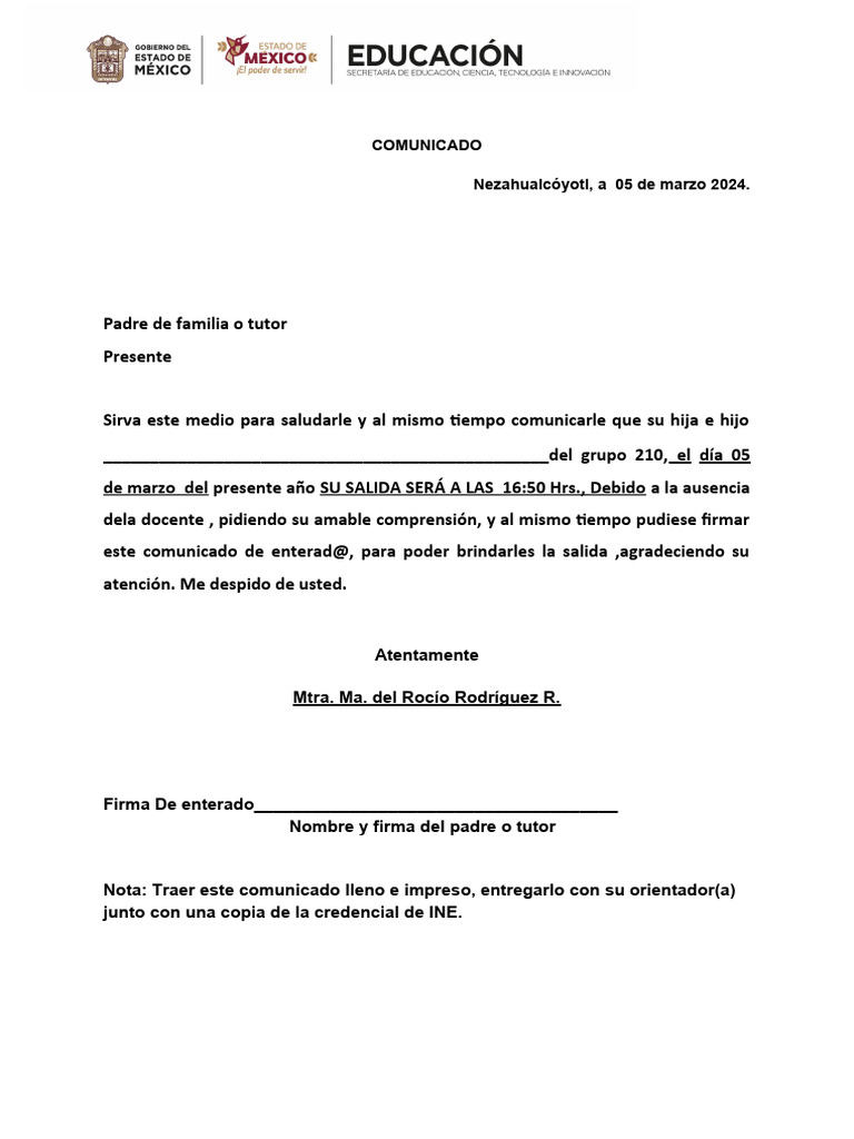 Comunicado Salida Temprano 210 | PDF