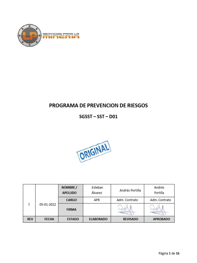 SGSST - SST - D01 Programa de Prevencion de Riesgos - Rev 4 | Descargar gratis PDF | Sistema de ...