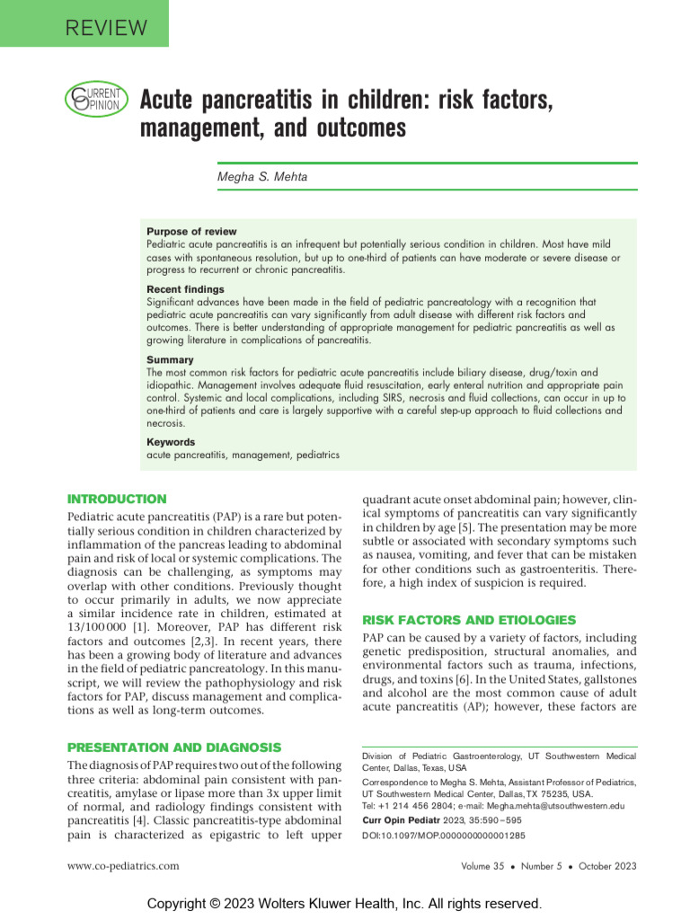 Acute Pancreatitis in Children Risk Factors, Management, and Outcomes ...