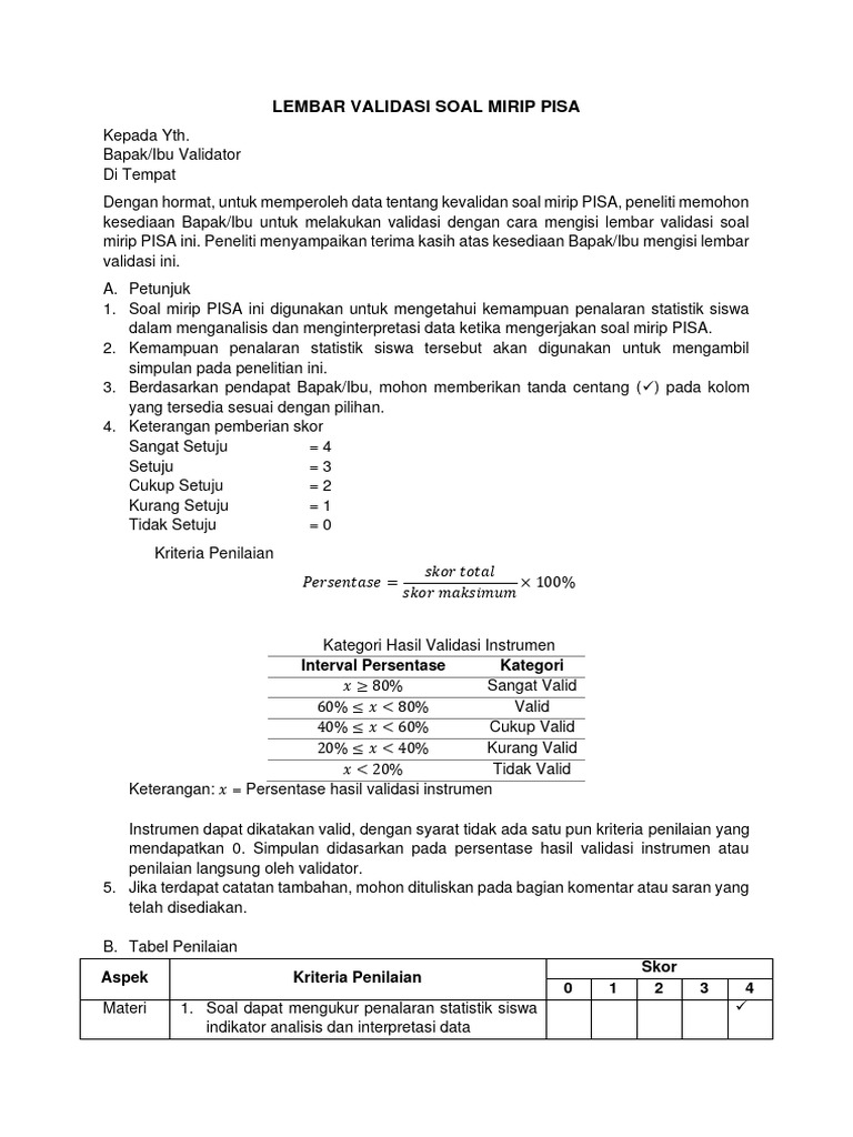 Lembar Validasi Soal Mirip Pisa | PDF
