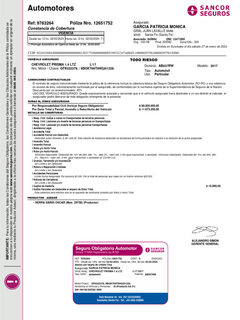 Constancia de Cobertura - Seguro Obligatorio Automotor - 000009783264 ... Constancia de Cobertura - Seguro Obligatorio Automotor - 000009783264 ...