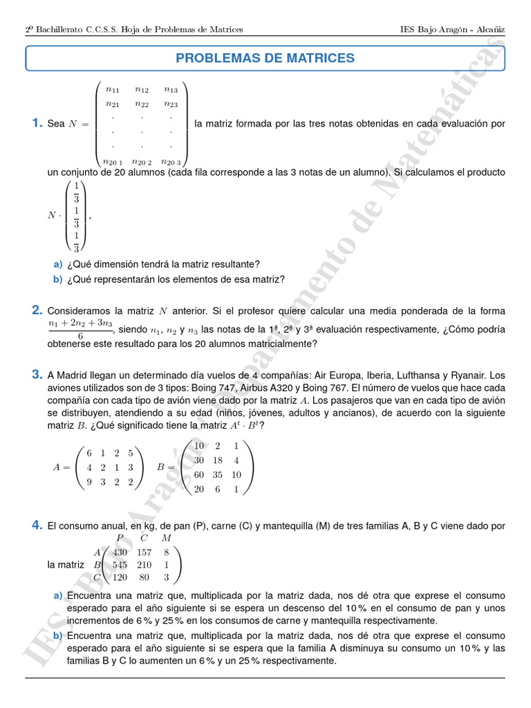 2BTO ProblemasMatrices | PDF | Matriz (Matemáticas) | Transporte